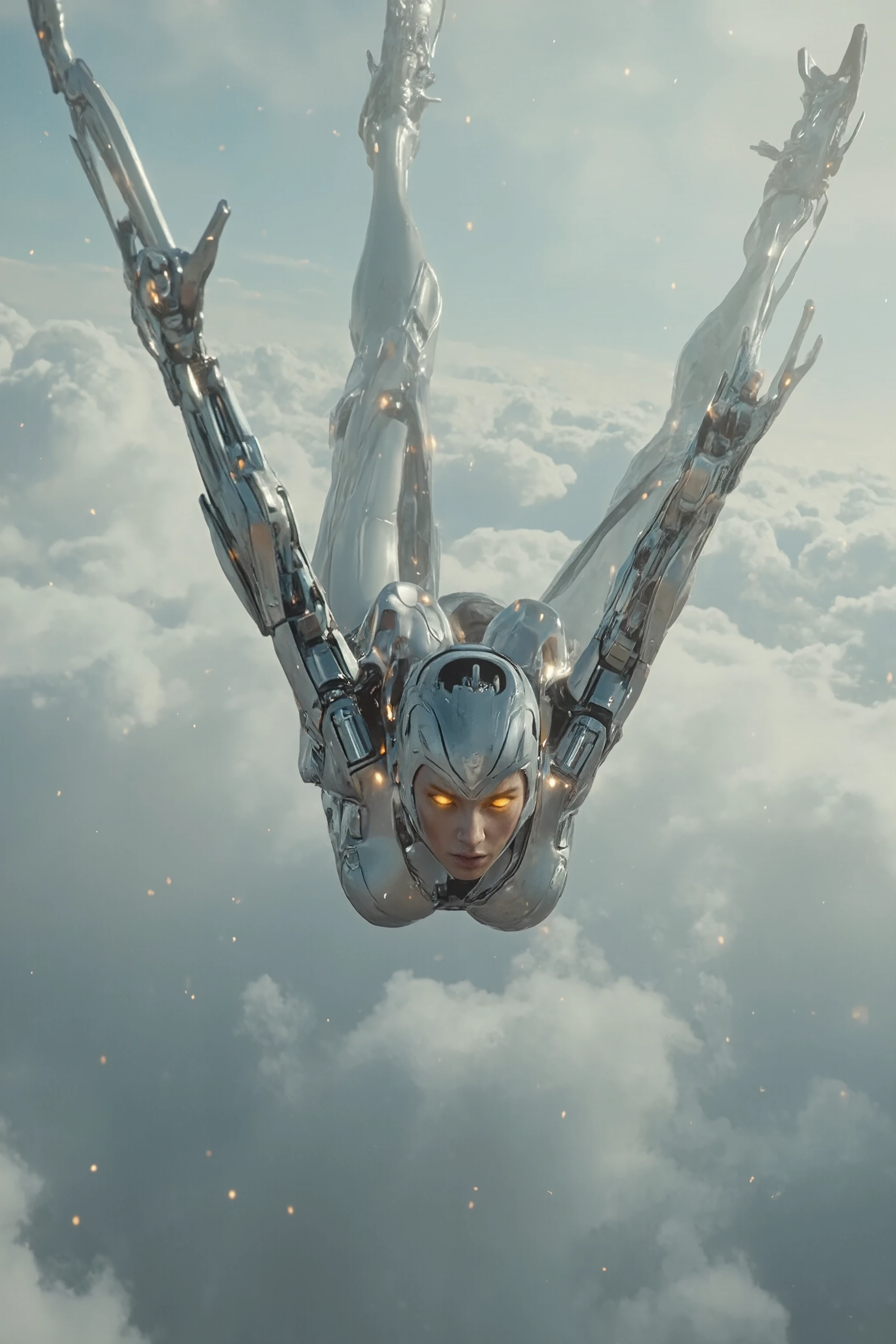 There is a robot flying through the air with its arms outstretched ...