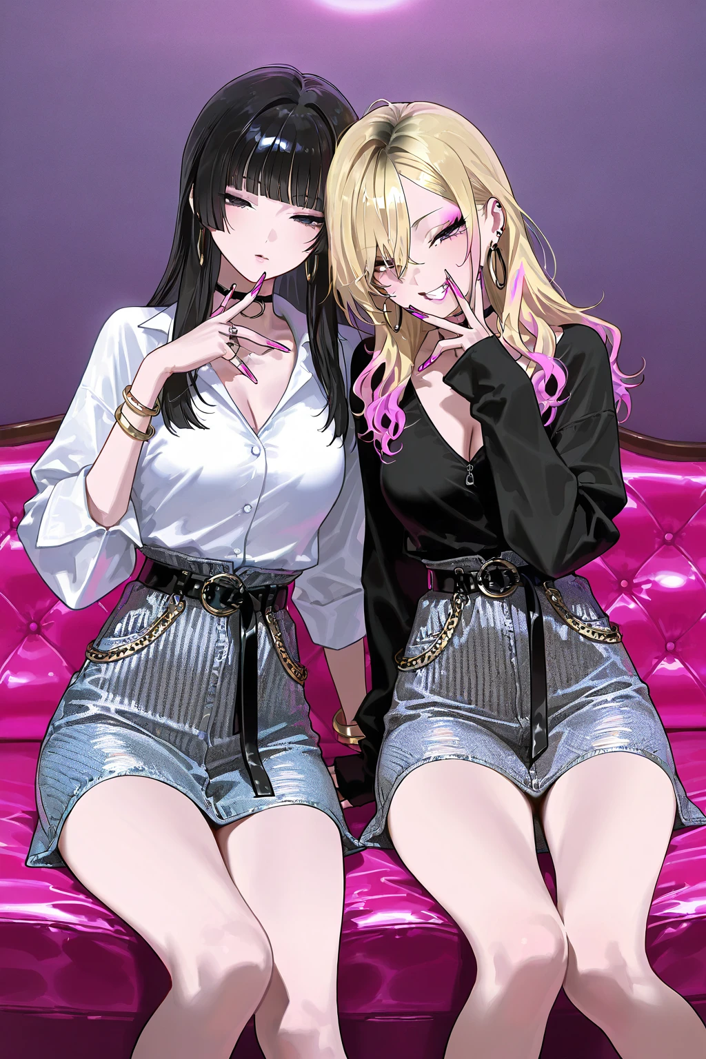 (gyaru:1.3), cool beauty, 2 women, black hair, slender body, half - SeaArt AI