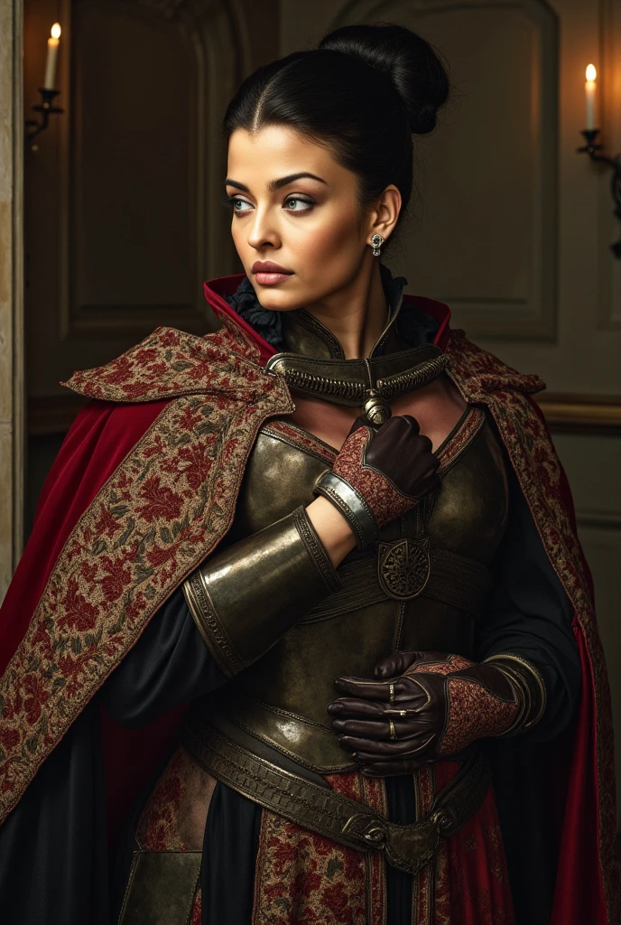 Photo of aishw serious look pressed lips, black updo, steel armor and ...