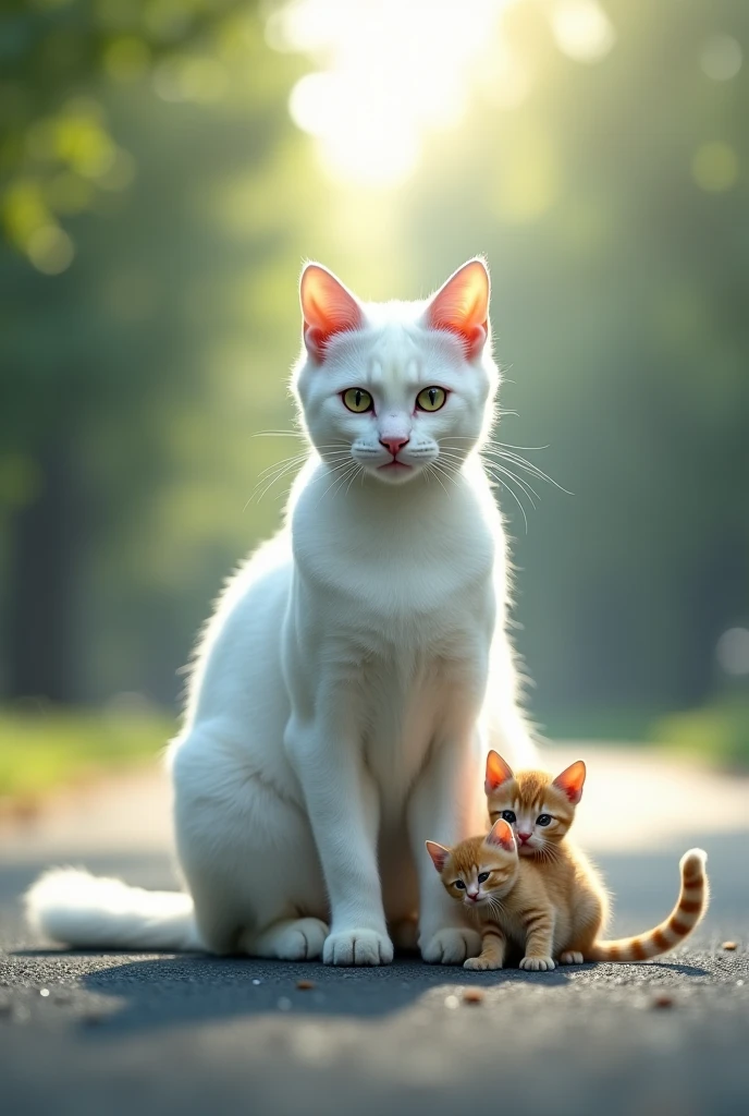 The white cat, tall and beautiful, stands on its two legs on the road ...