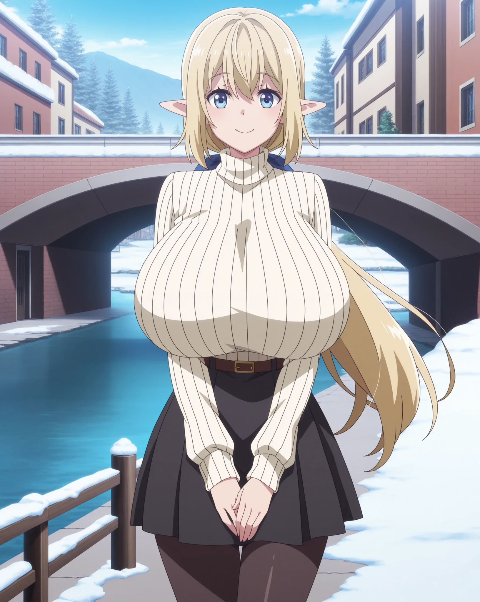 Anime girl in a skirt and sweater standing in front of a bridge - SeaArt AI