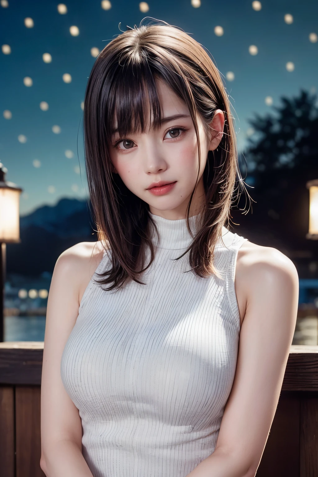 Araffe asian woman in a white top sitting on a bench - SeaArt AI