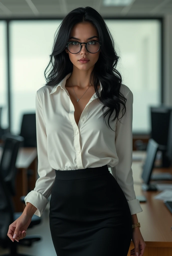 Office siren with jet black hair, striking features, blue eyes - SeaArt AI