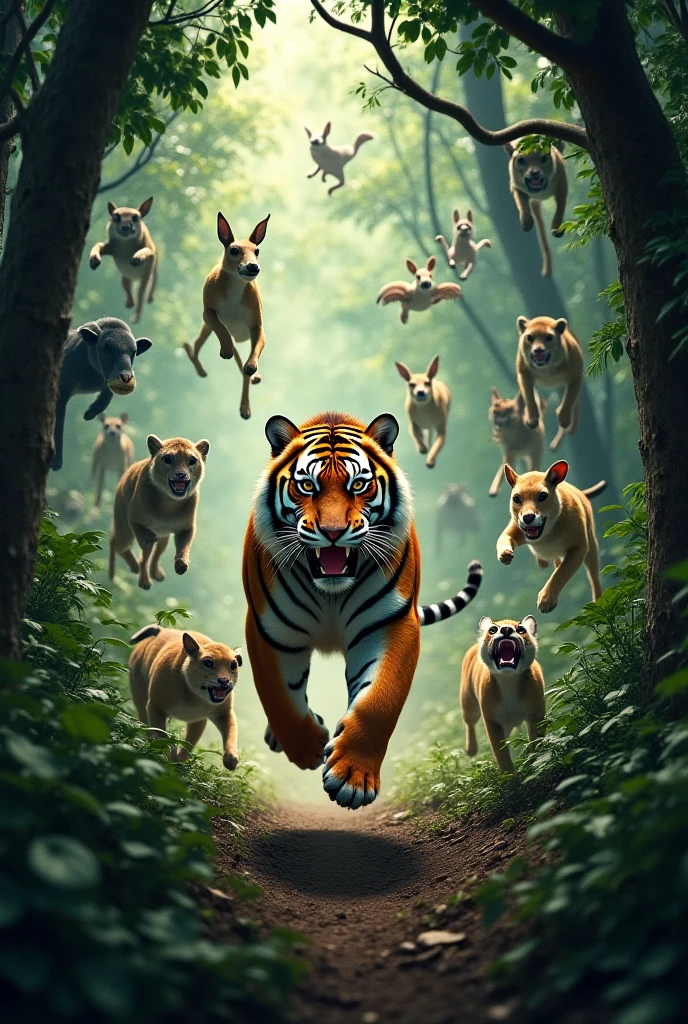 Animals Running from the Tiger Various forest animals—monkeys - SeaArt AI