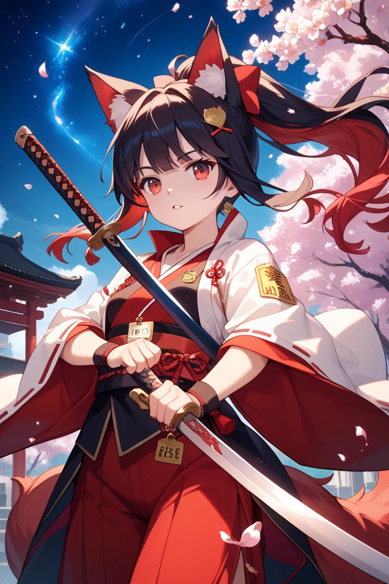 Black Haired Ponytail Fox Ears Lolicon Night Sky Sakura Sword Anime Red ...