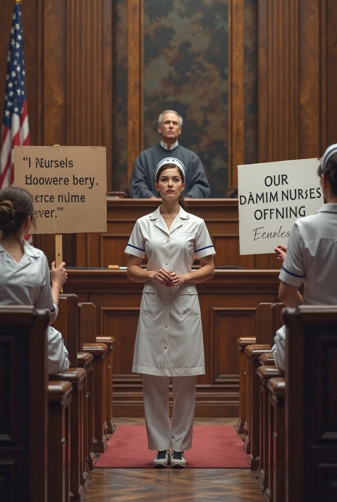 The nurse stands in front of the judge in court, while the other nurses ...