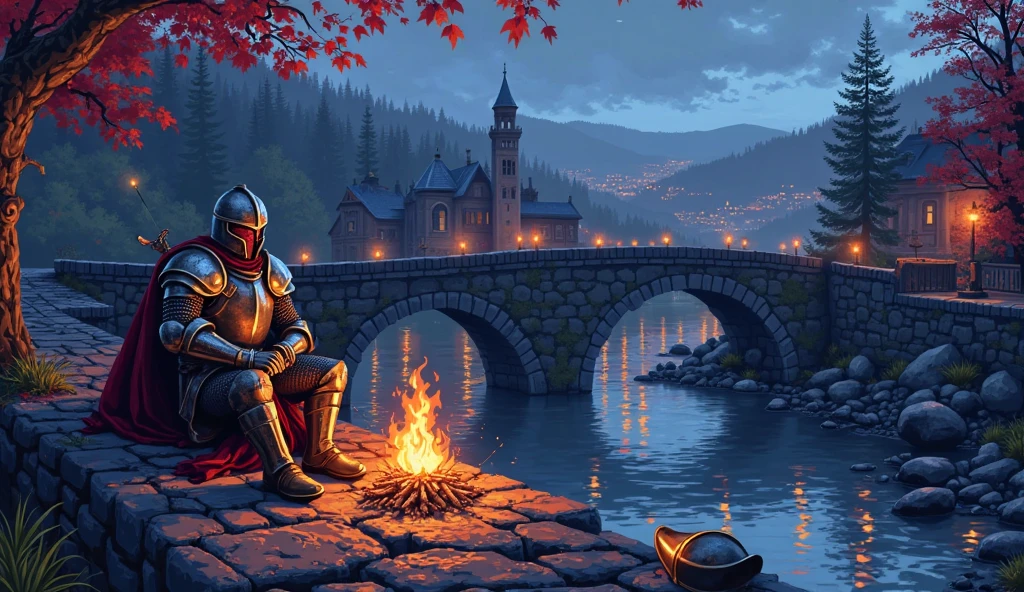 A medieval knight rests on a stone bridge, a bonfire burning beside him ...