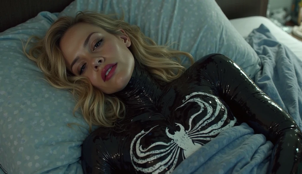 Michelle Williams as She Venom. She has blonde hair and fair skin ...