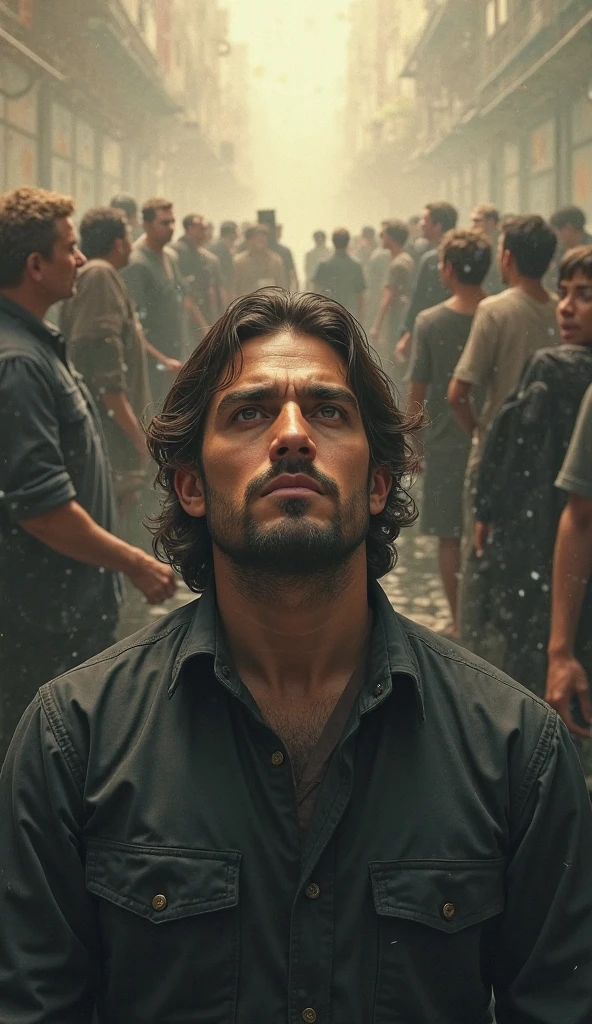 A man with a serene expression, while in the background there is a ...