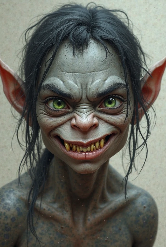 Skinny and young half-orc, gray skin , black hair , bulging teeth and ...