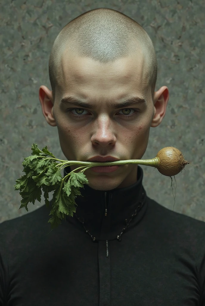 Sigma boy with a strange expression in shaved hair and a mandrake in ...