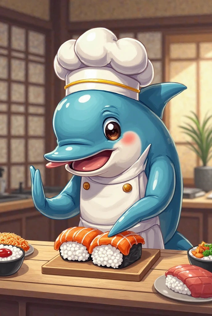 A funny dolphin fish in a chef’s outfit, struggling to roll sushi with ...
