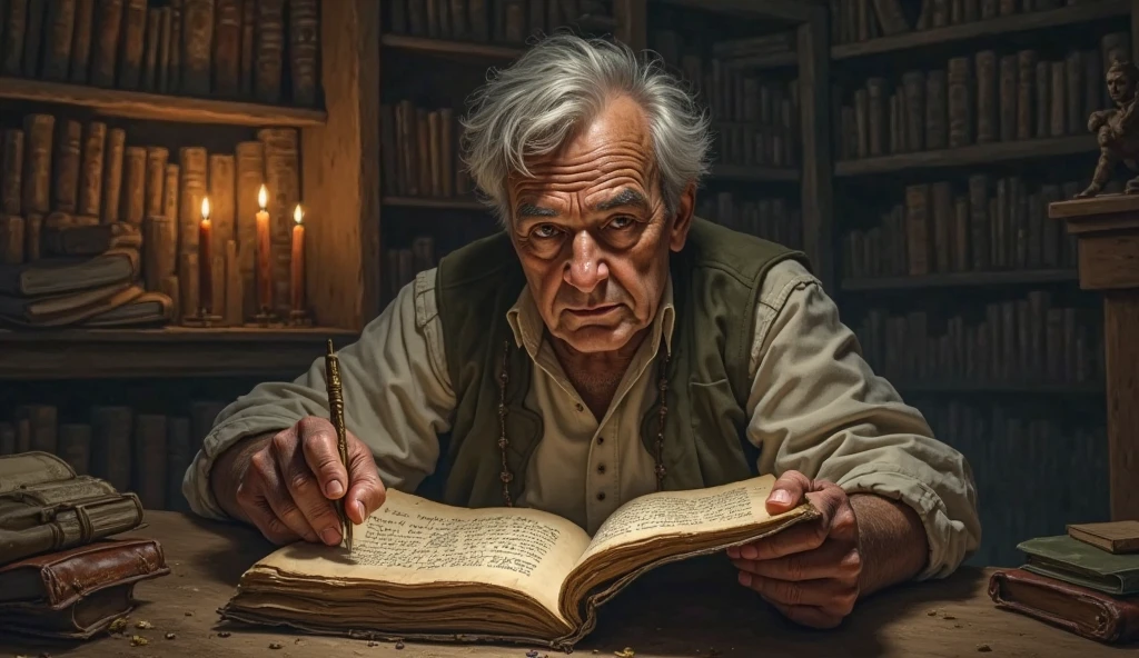 A scholar reading an ancient manuscript, realizing it holds secrets ...
