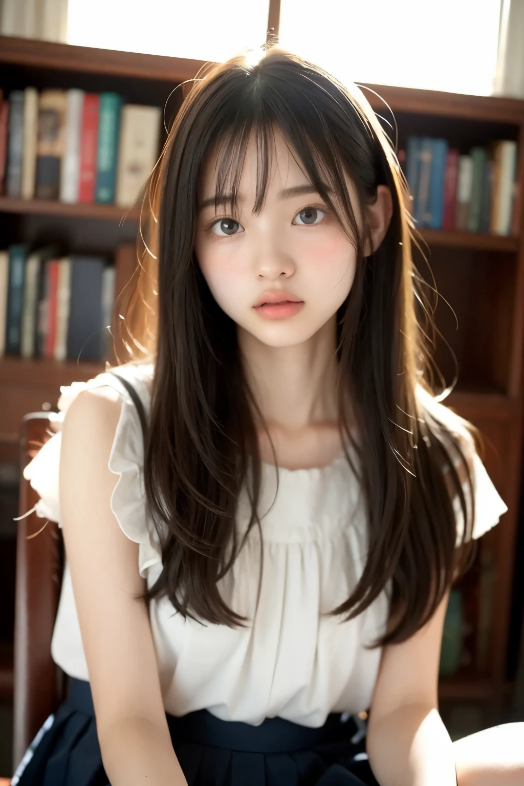 A close up of a woman sitting in front of a book shelf - SeaArt AI