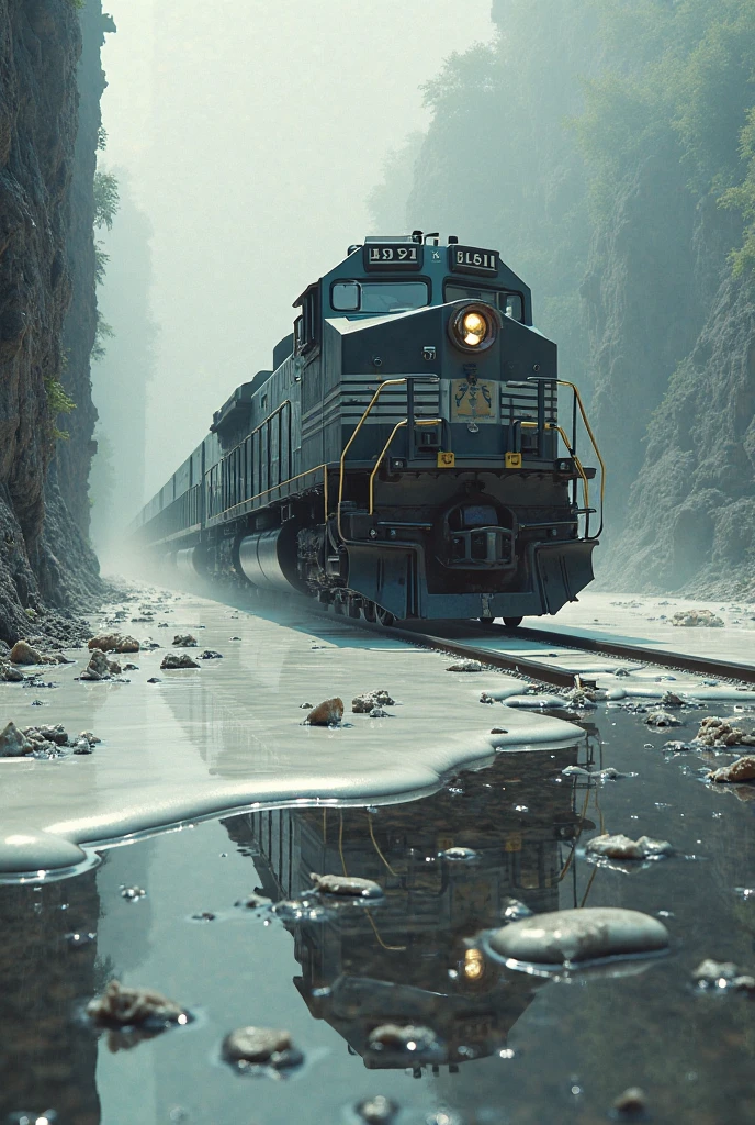 A train passing under a floor wet with milk and a broken glass - SeaArt AI