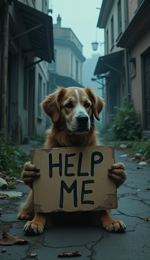 Sad dog in the dark abandoned on the street holding sign written help ...
