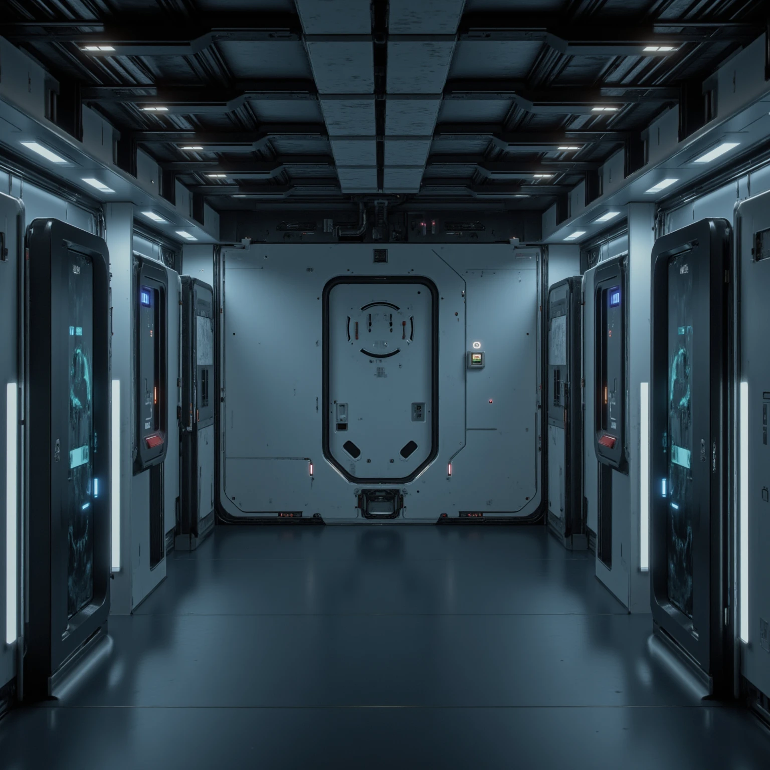 A futuristic corridor scene in an advanced station, where the bottom ...