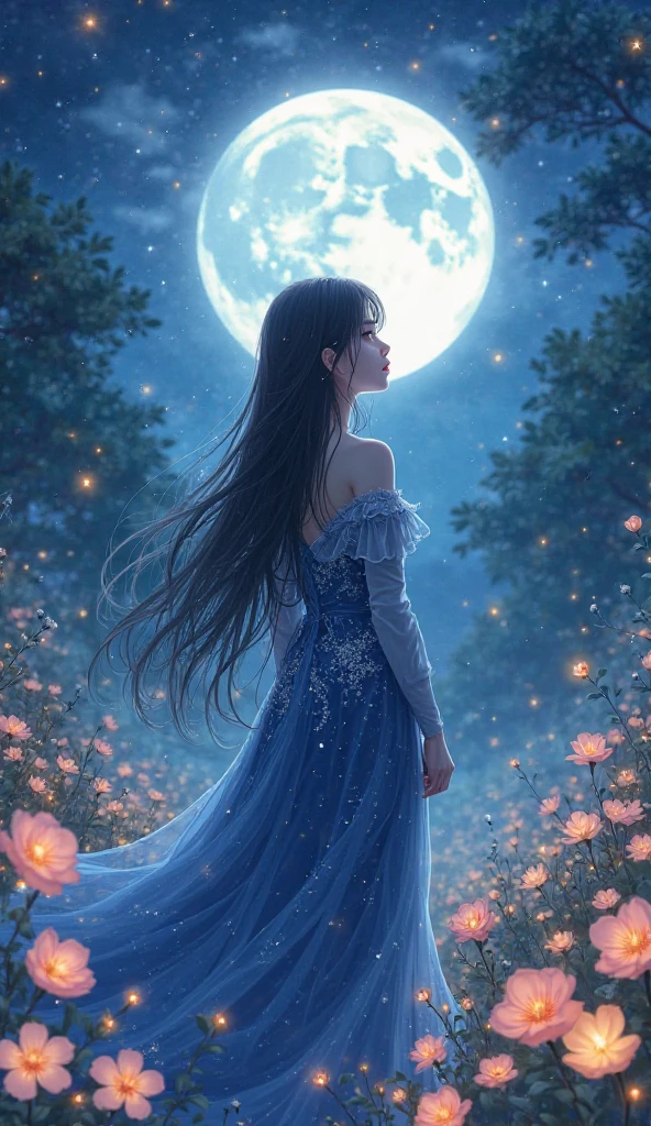 A breathtaking anime-style illustration of a young woman standing in an ...