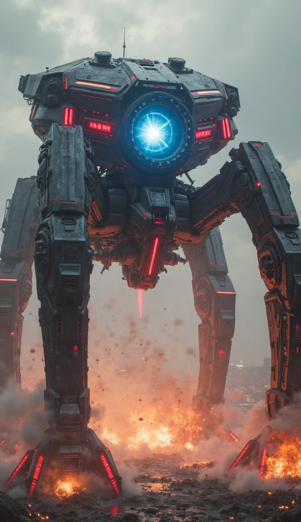 "A towering mechanical spider-like war machine, as tall as a skyscraper ...