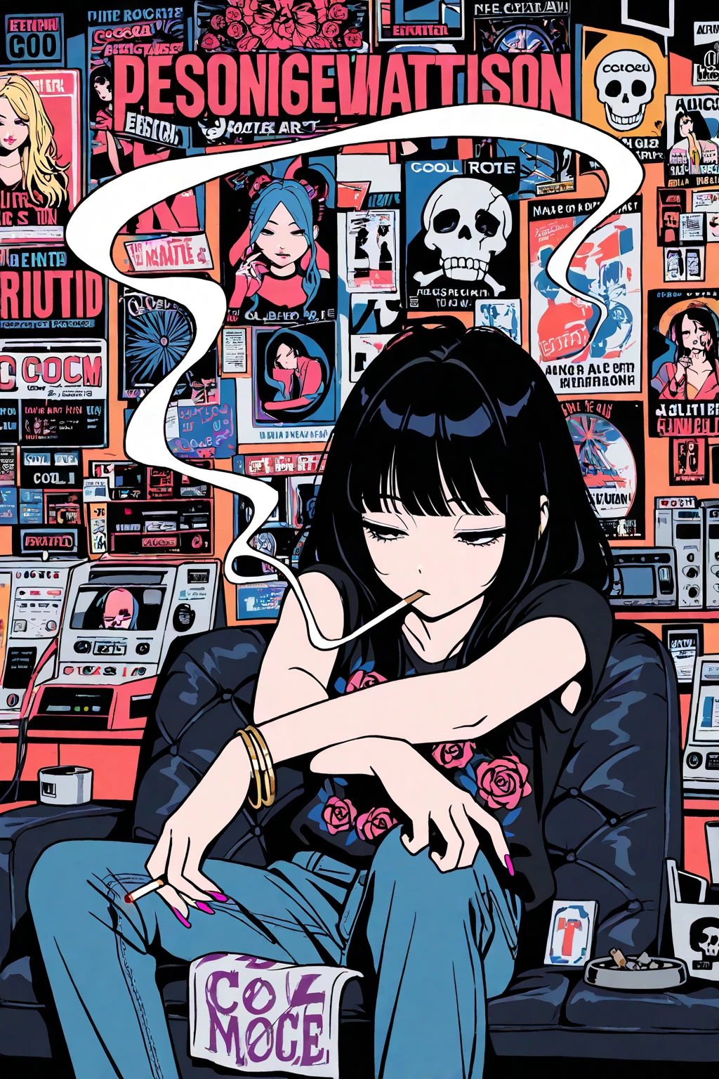 flat color, gyaru, cool beauty, black hair, random hair style - SeaArt AI
