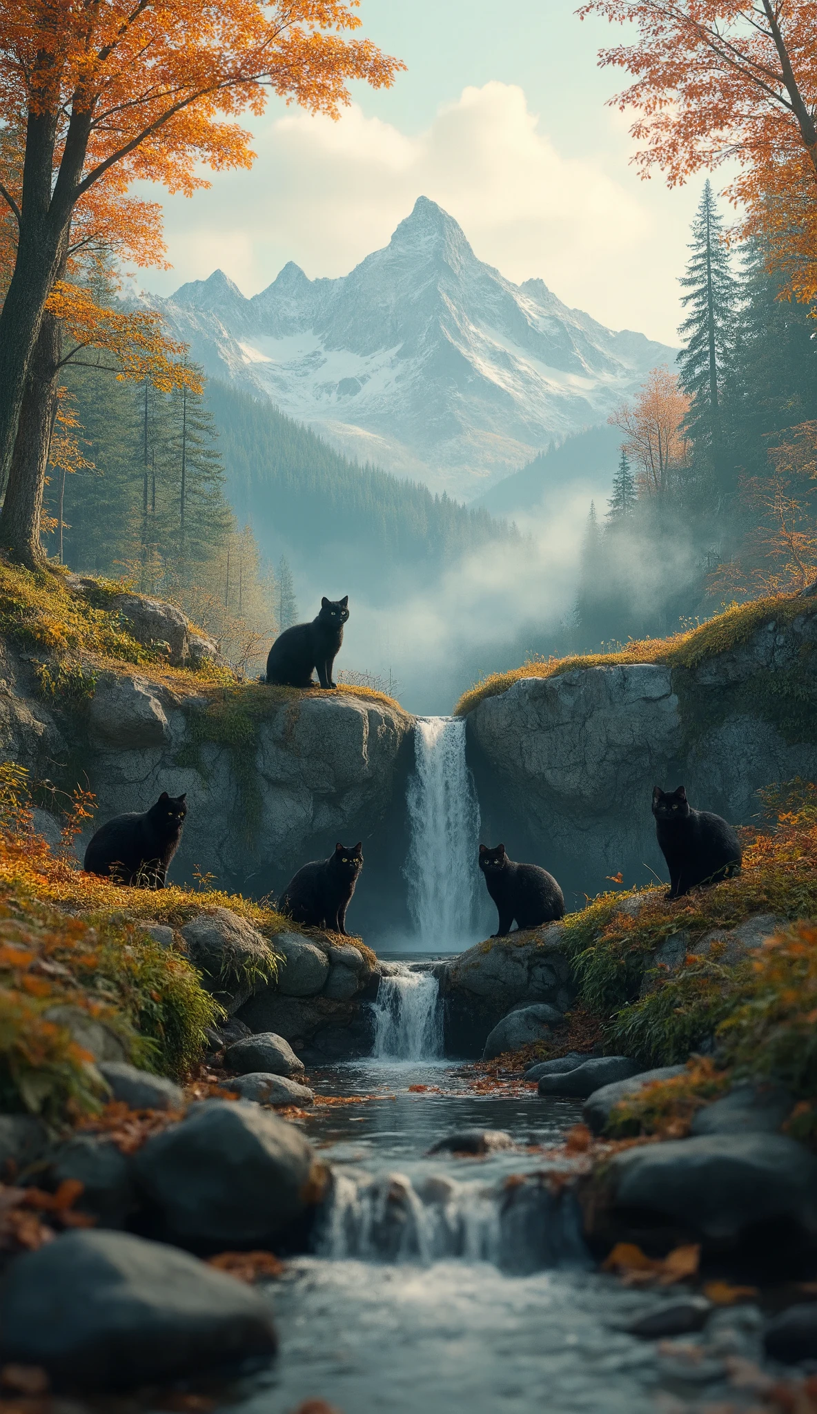 There are four bears standing on a rock near a waterfall - SeaArt AI