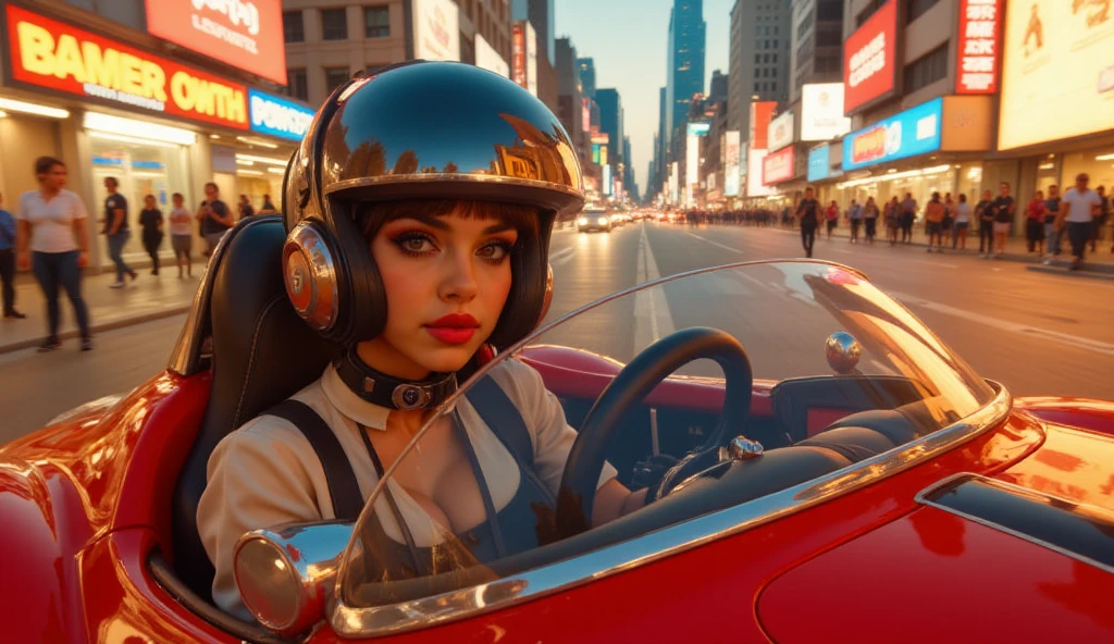 A fearless young woman sits behind the wheel of a sleek, futuristic red ...