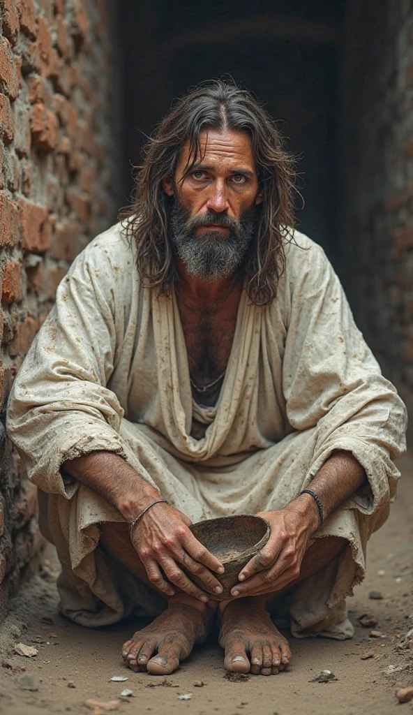 The image shows a realistic portrayal of a man characterized as Jesus ...