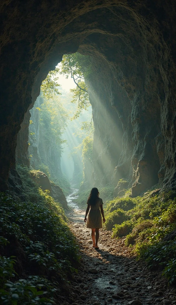 First-person view of someone crawling into a dark cave, looking back ...