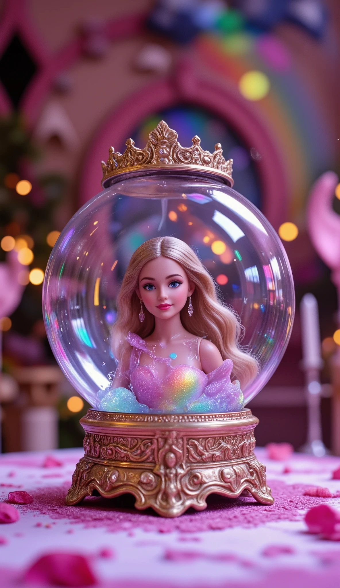 Barbie doll in a snow globe with a pink dress and a gold crown - SeaArt AI