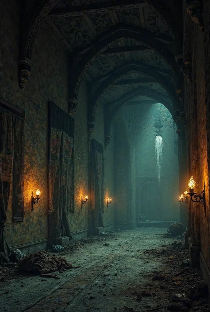 Dark and eerie style, a vast, dimly lit chamber with a high ceiling ...