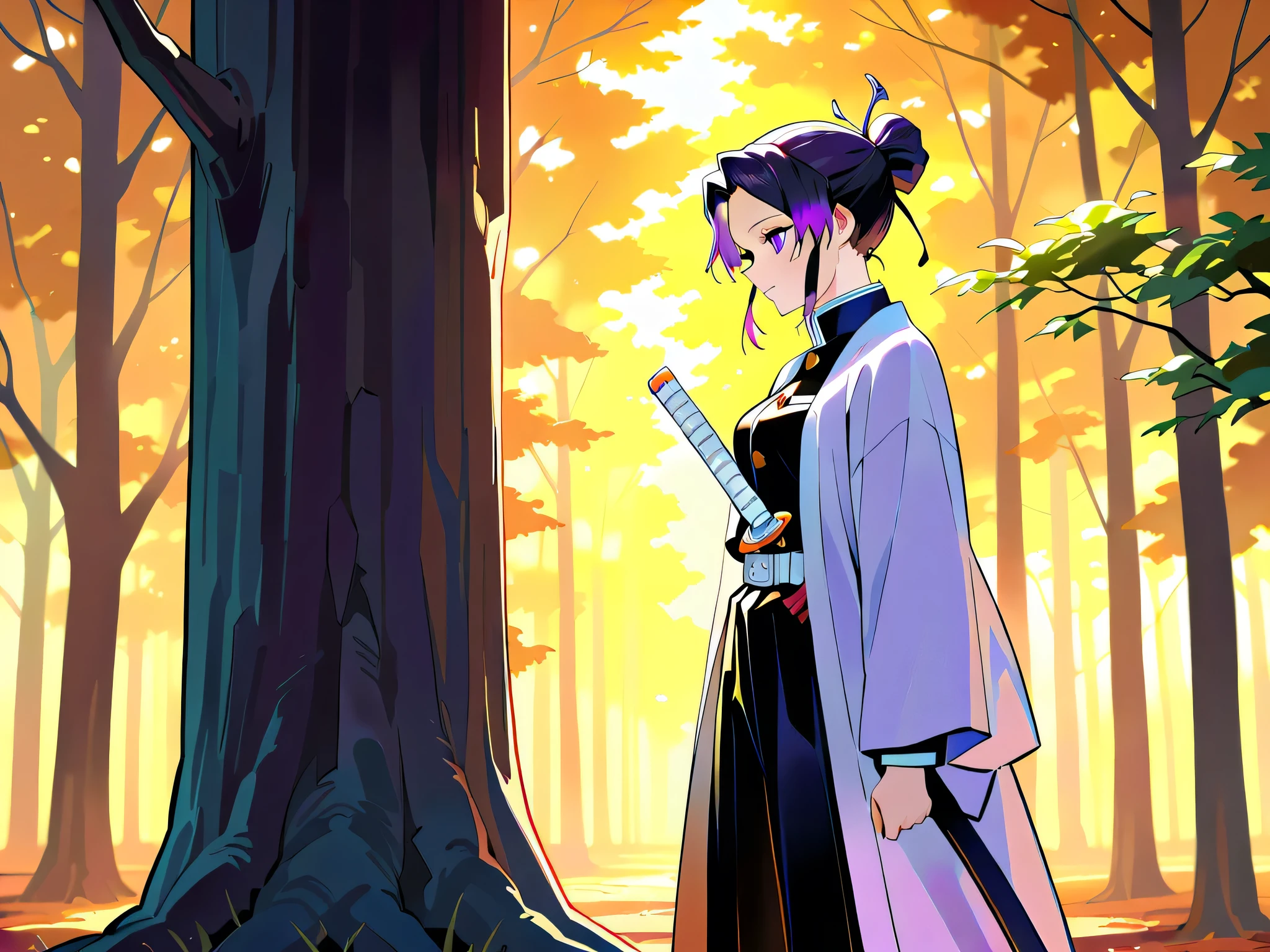 Anime girl in kimono outfit standing in front of a tree（kochou shinobu ...
