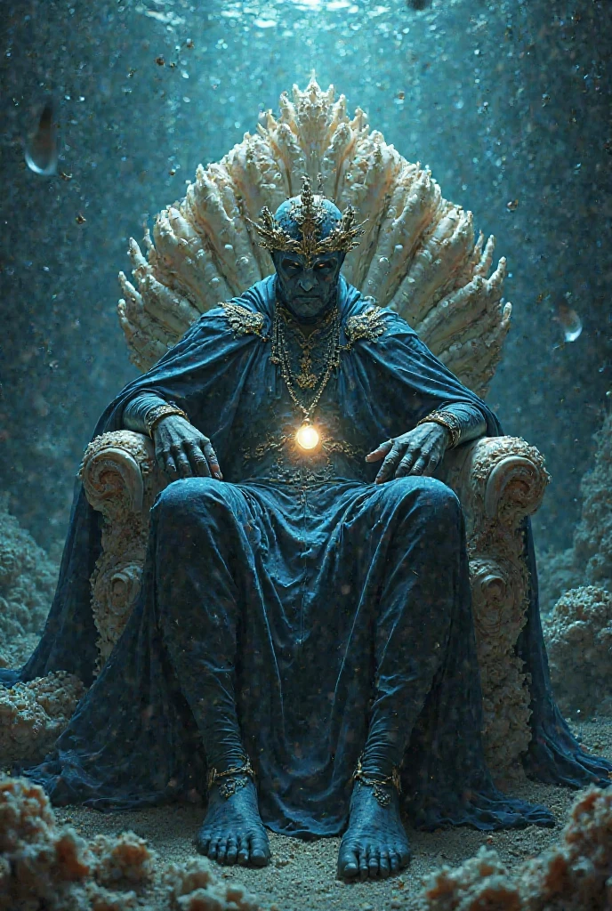 The evil king of the sea sits on a throne of seashells inside the deep ...