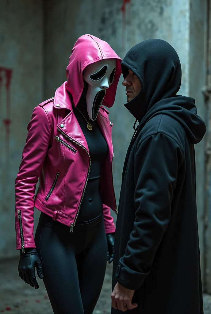 Real female Ghostface wearing pink leather jacket black gloves black ...