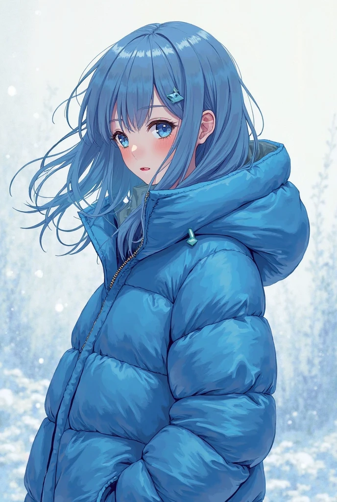 Two-dimensional girl with blue down jacket hair - SeaArt AI