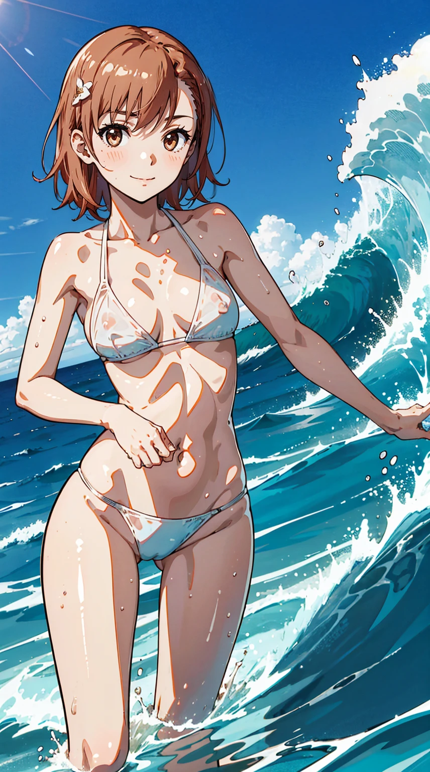 Tube waves are rushing in、ocean beach coast 、White sheer bikini - SeaArt AI