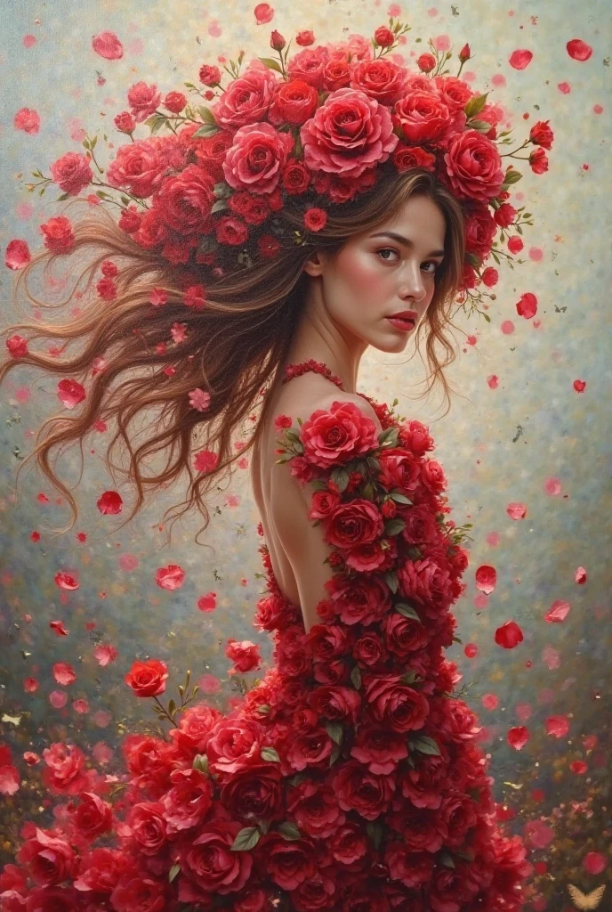 Draw me a painting of a woman as if she was made of roses - SeaArt AI