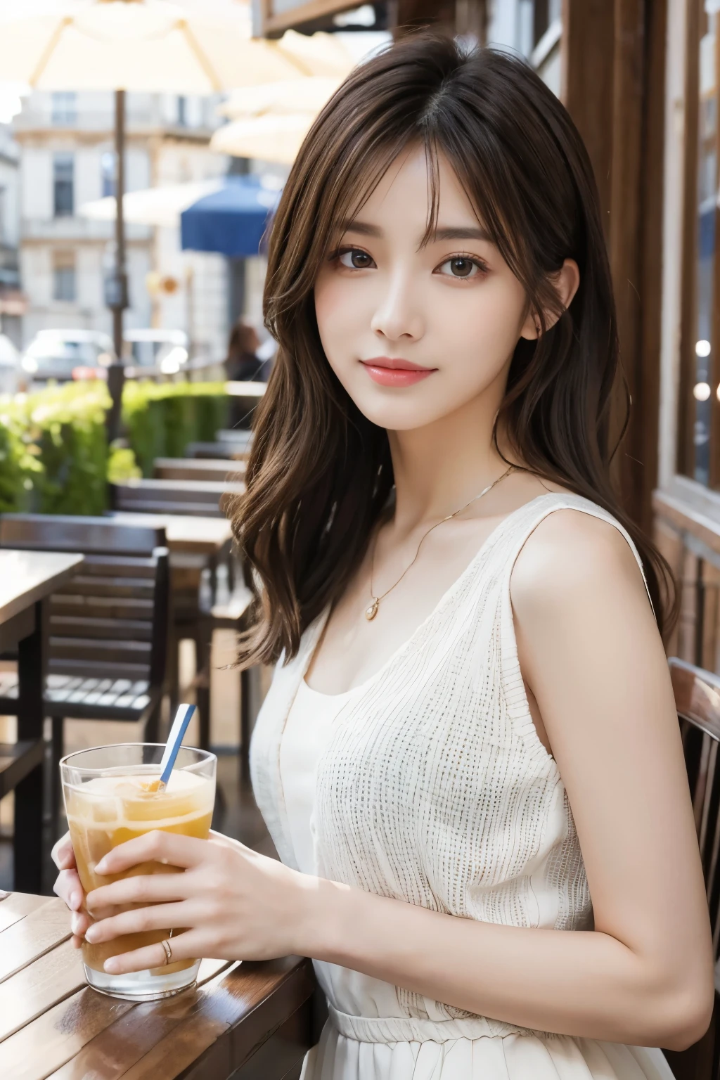 Araffe asian woman sitting at a table with a drink - SeaArt AI