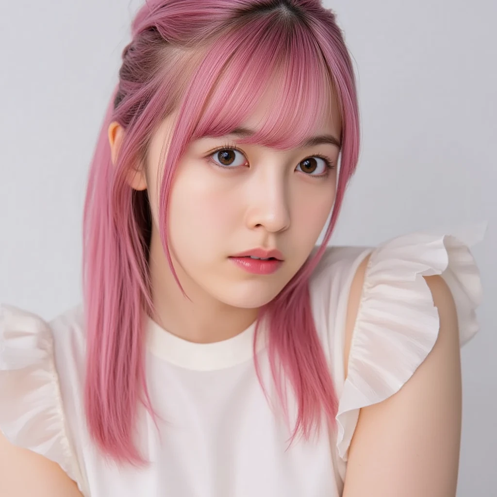 Silky smooth hair、 pink hair color、 hairstyle is straight、Long hair up ...