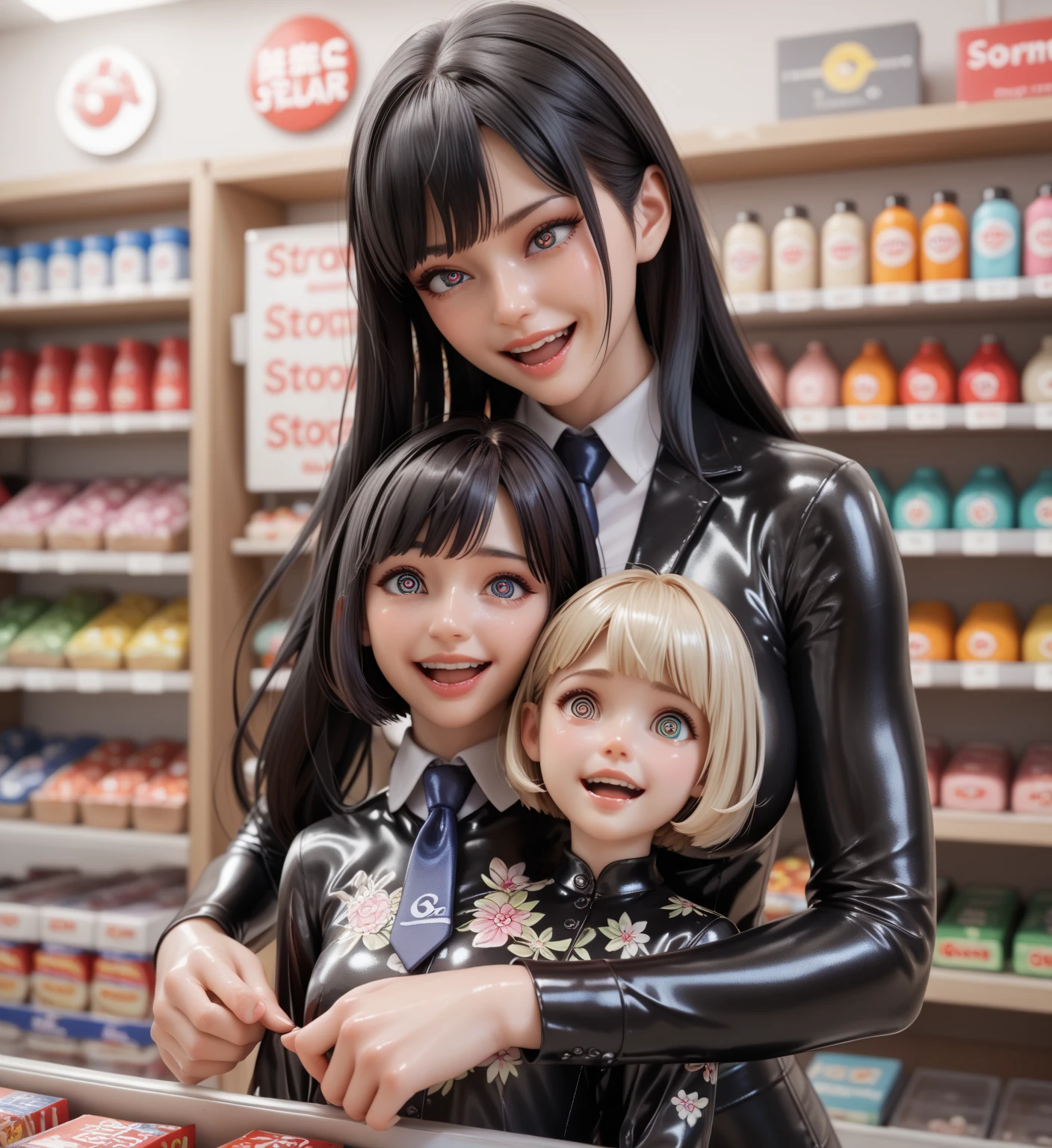 Mother And 2 Young Daughters Standing In Shop In An Extremely Tight
