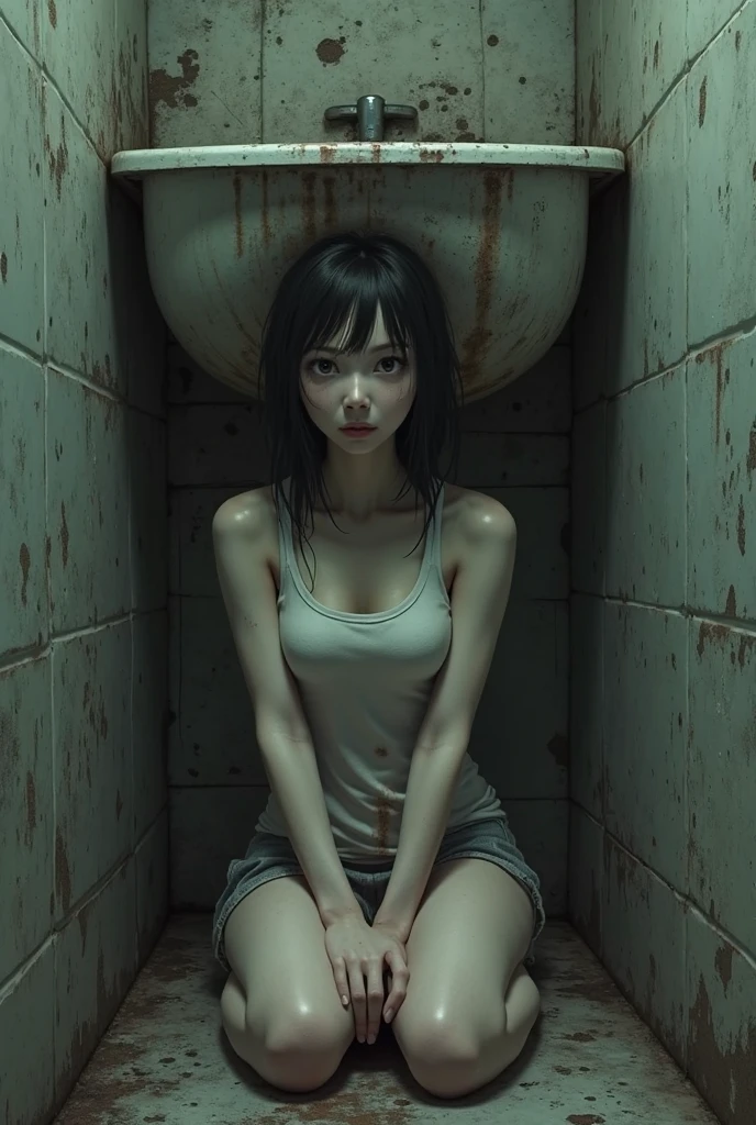 PoV,A girl is sitting in the space under the filthy toilet bowl hole - SeaArt AI