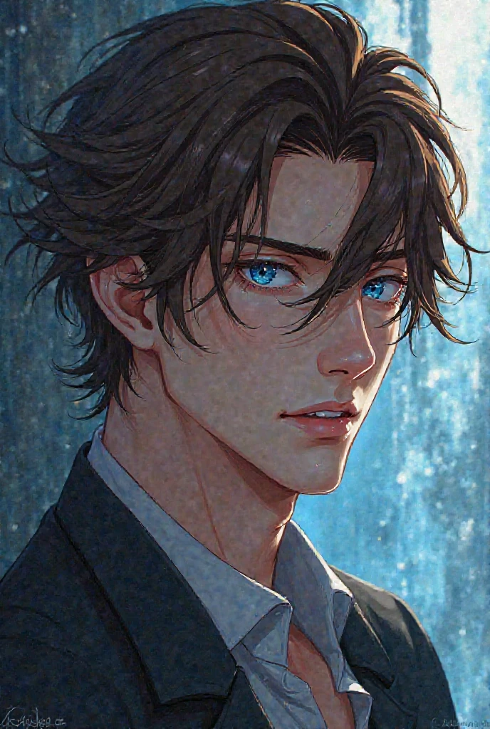 Handsome guy with brown hair, with cold blue eyes, loves nephora anime ...