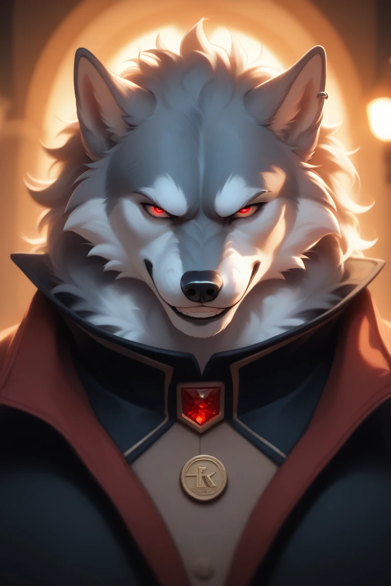 Furry male,a fantastic face of a gray wolf, with a predatory smile and ...