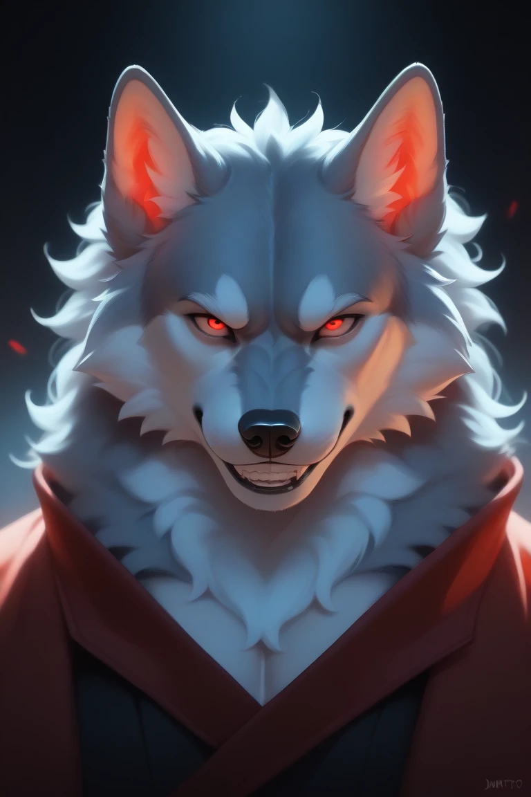 Furry male,a fantastic face of a gray wolf, with a predatory smile and ...
