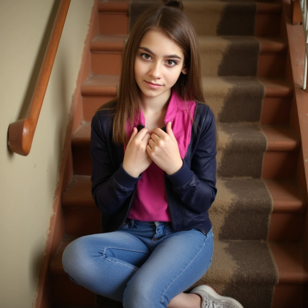Woman sitting on a staircase. Has a pink blouse on. and jeans - SeaArt AI