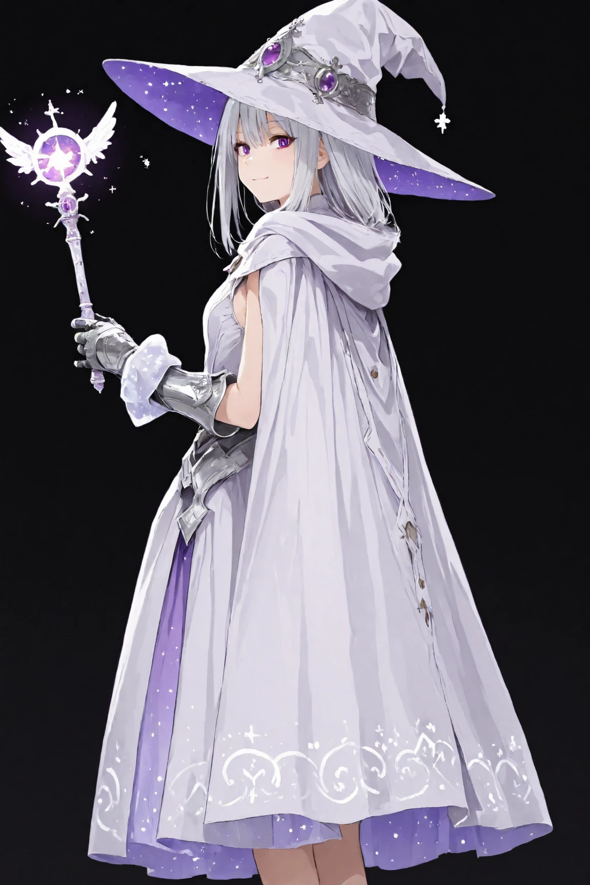 On a black background, long silver hair and purple eyes , small feathered ha - SeaArt AI