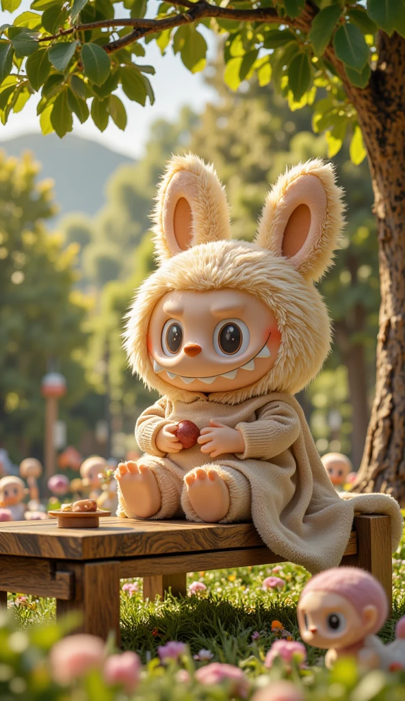 Labubu sitting on a bench under a tree, holding his belly slightly but ...