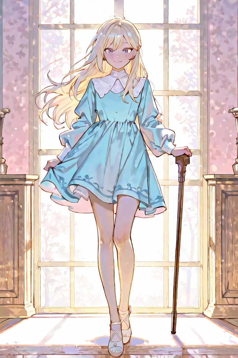 Blond woman wearing a neat and tidy dress with a cane - SeaArt AI