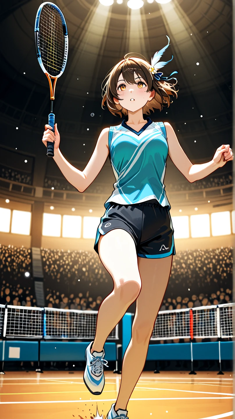 A single feather floating in the air. A badminton player jumping high ...