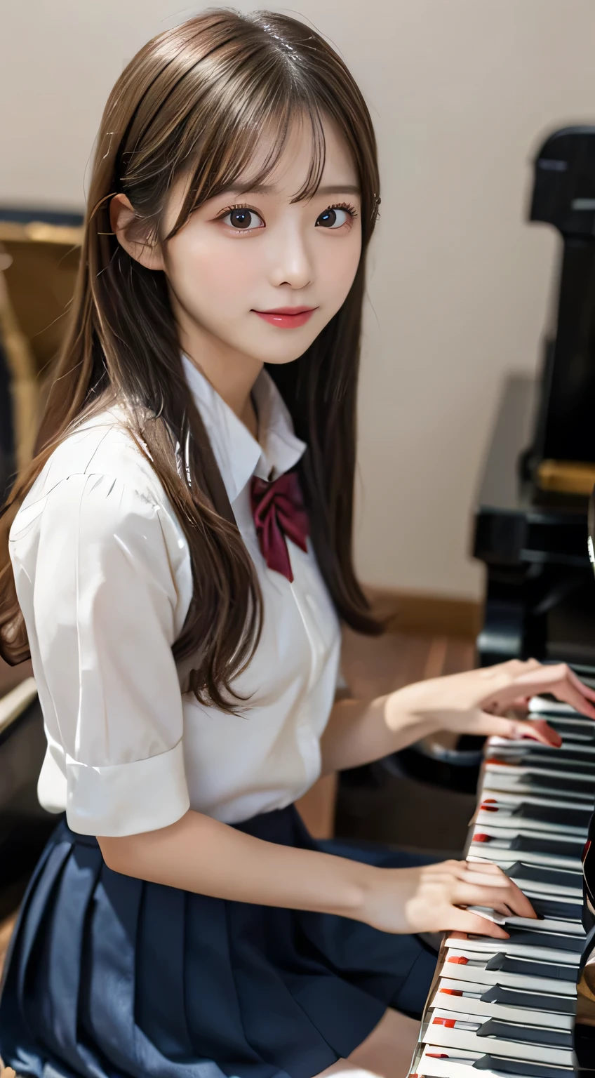 Araffe girl in school uniform playing a piano in a room - SeaArt AI