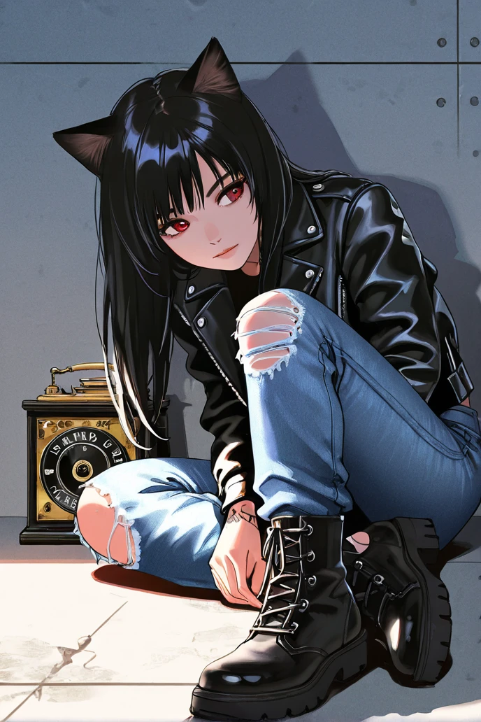 Female character, sitting on the ground, punk style, black hair - SeaArt AI